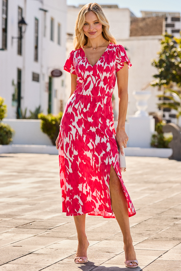 White & Pink Floral Print Midi Dress